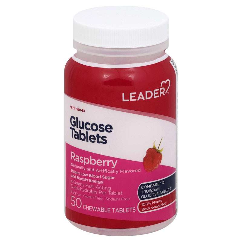 Leader Glucose Chewable Tablets Raspberry - 50 Ct