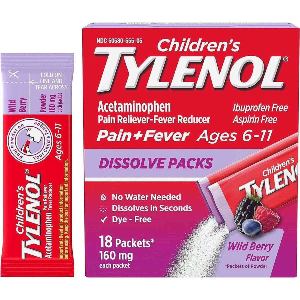 Tylenol Children's Pain and Fever Powder Packs, Berry Flavor - 18 ct.