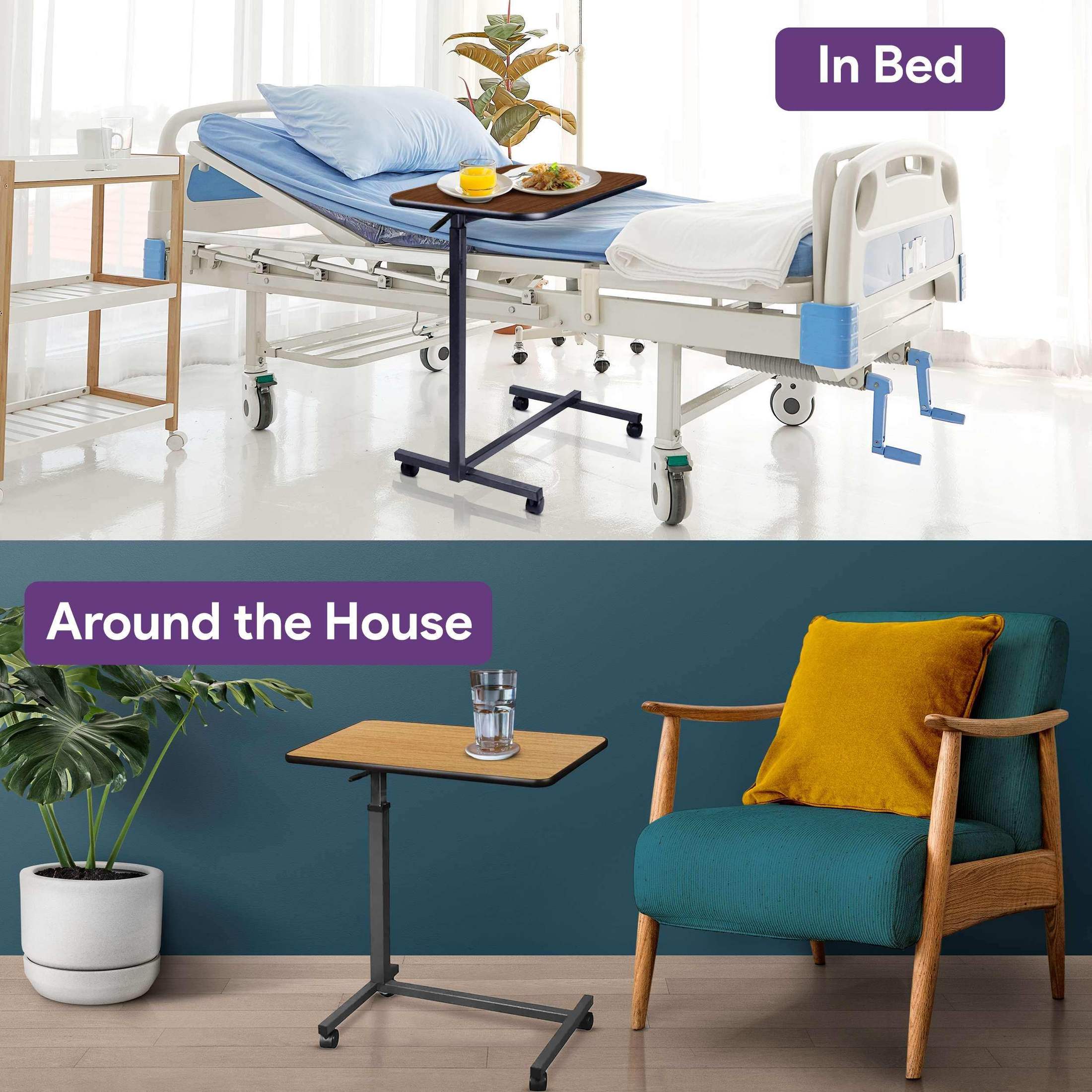 Medical Cherry Overbed Table with Wheels for Home and Hospital Use ...